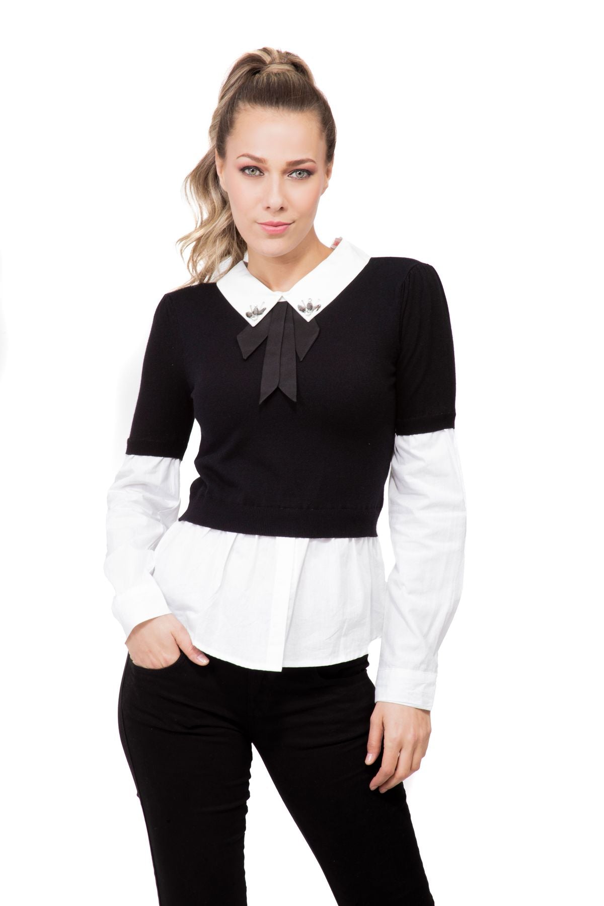 Suéter negro con moño y camisa integrada de manga larga – Ciudadela