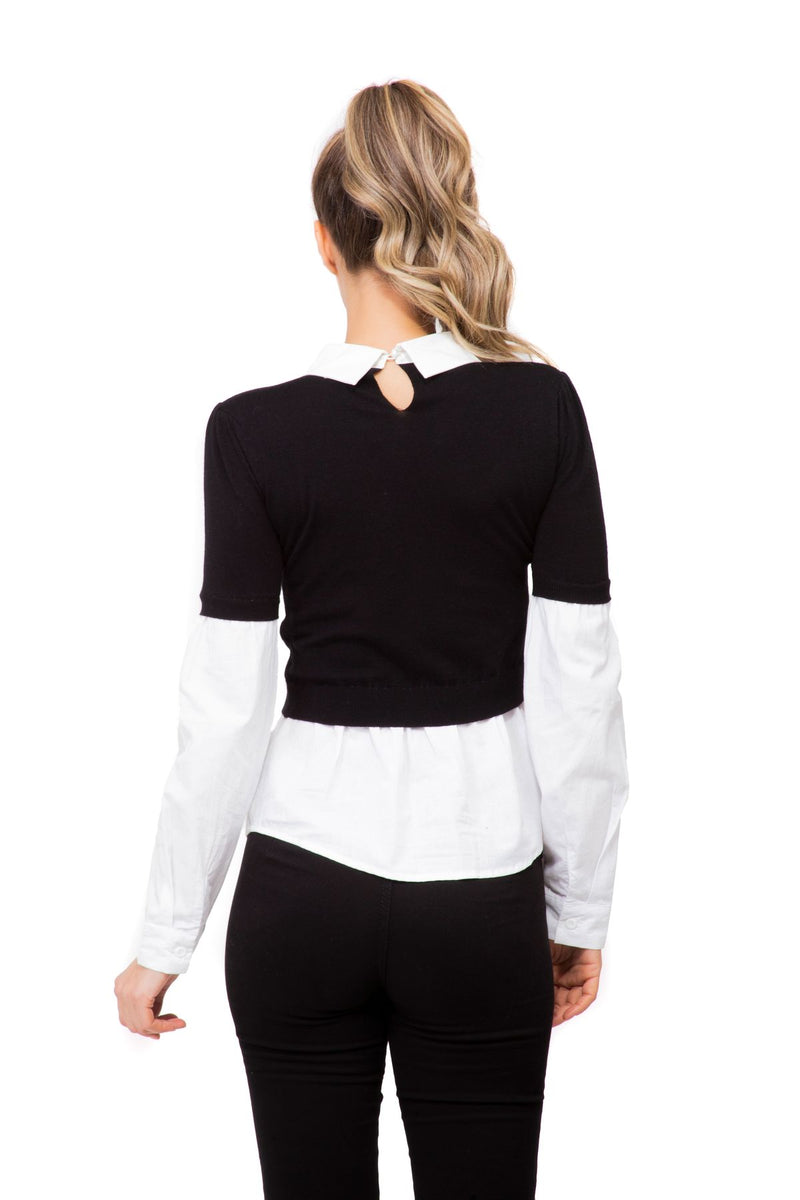 Suéter negro con moño y camisa integrada de manga larga – Ciudadela